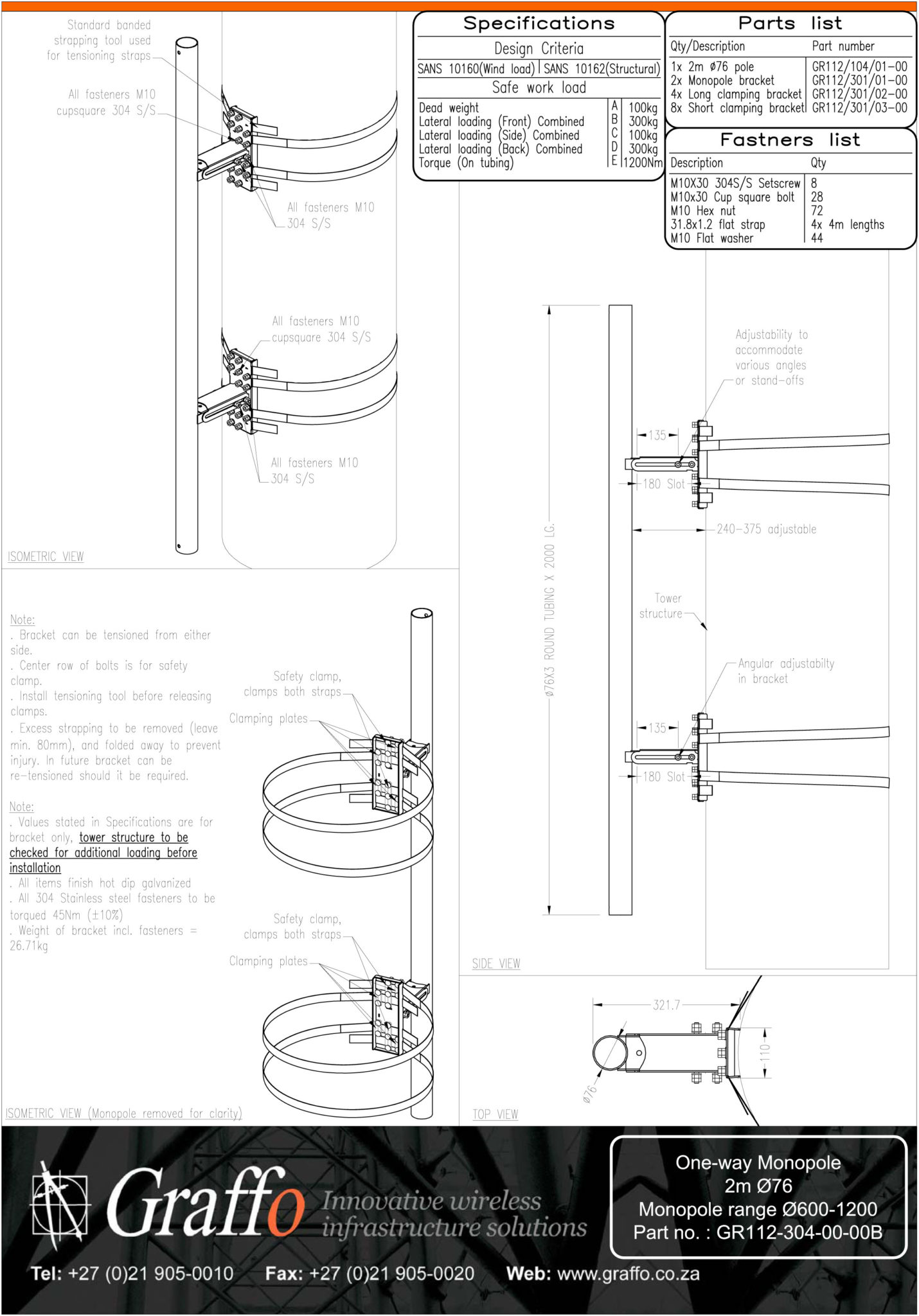 2m 76mm One-Way bracket - Graffo